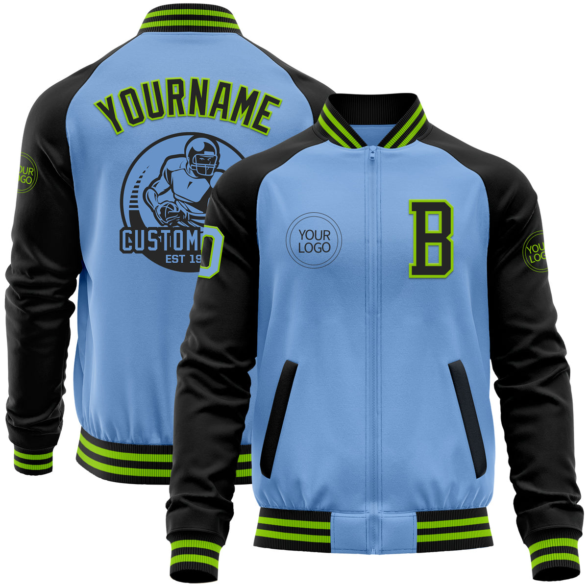 Custom Light Blue Neon Green-Black Bomber Varsity Letterman Two Tone ...