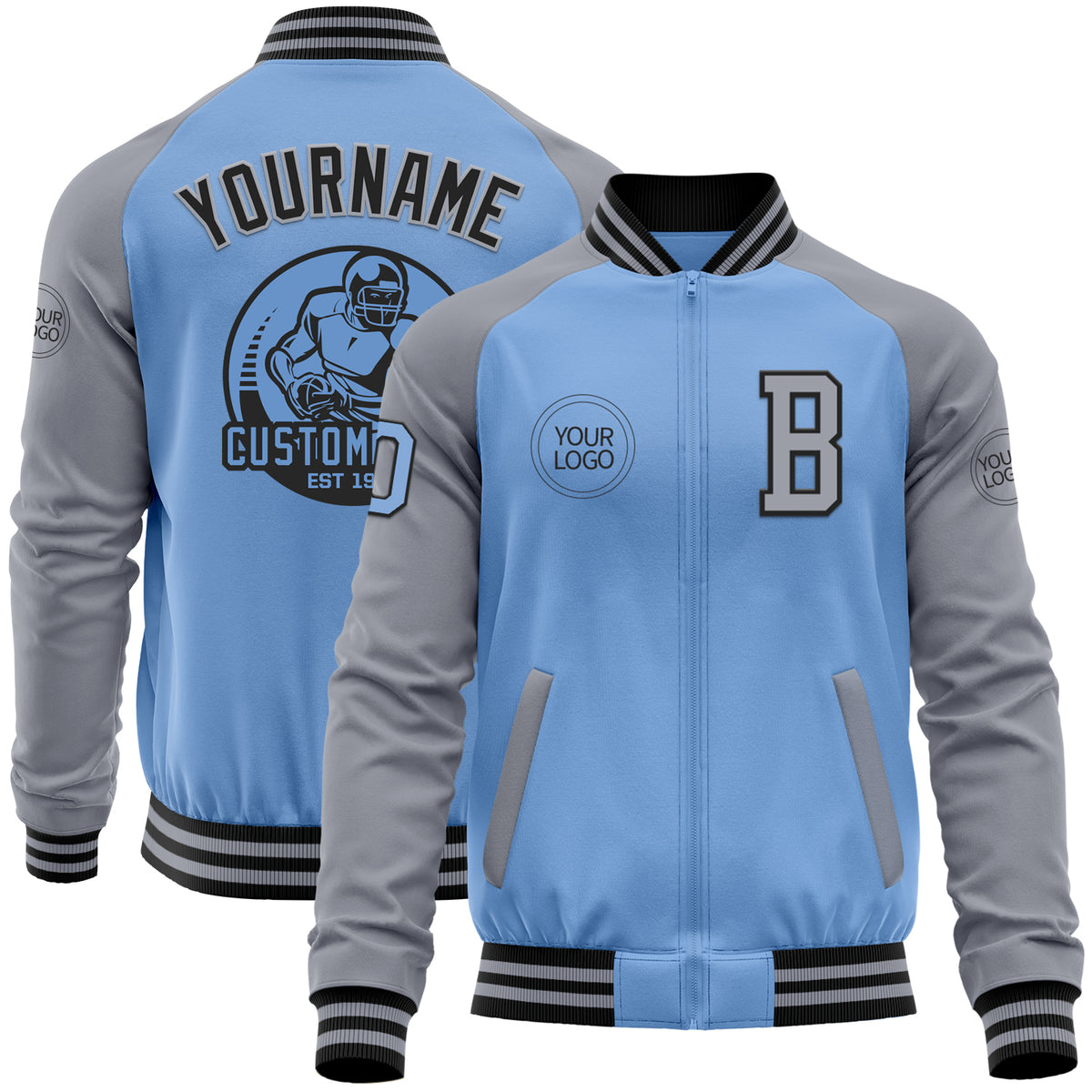 Custom Light Blue Black-Gray Bomber Varsity Letterman Two Tone Zipper ...