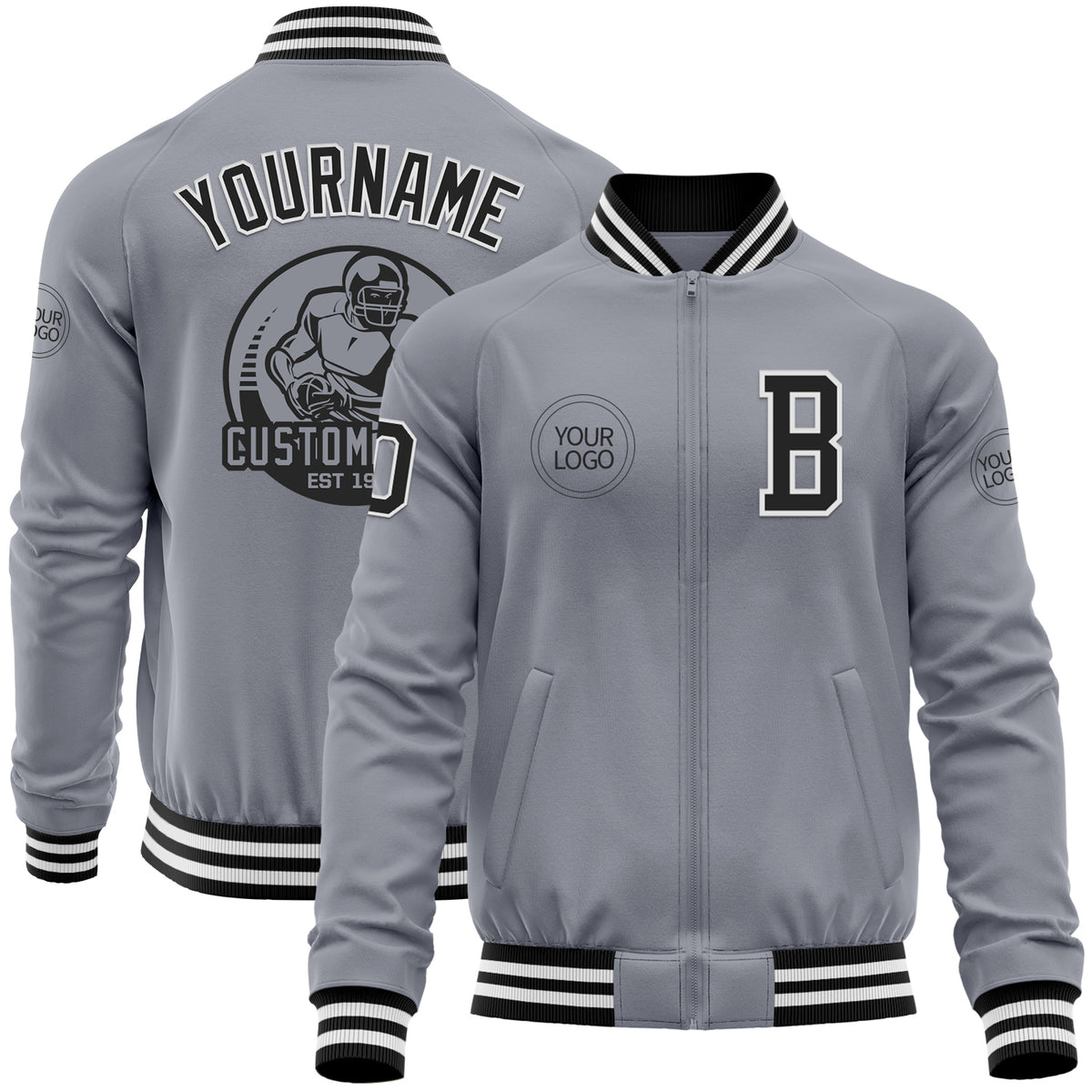 Custom Gray Black-White Bomber Varsity Letterman Zipper Jacket Free ...