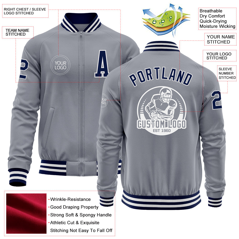 Custom Gray Navy-White Bomber Varsity Letterman Zipper Jacket Free ...