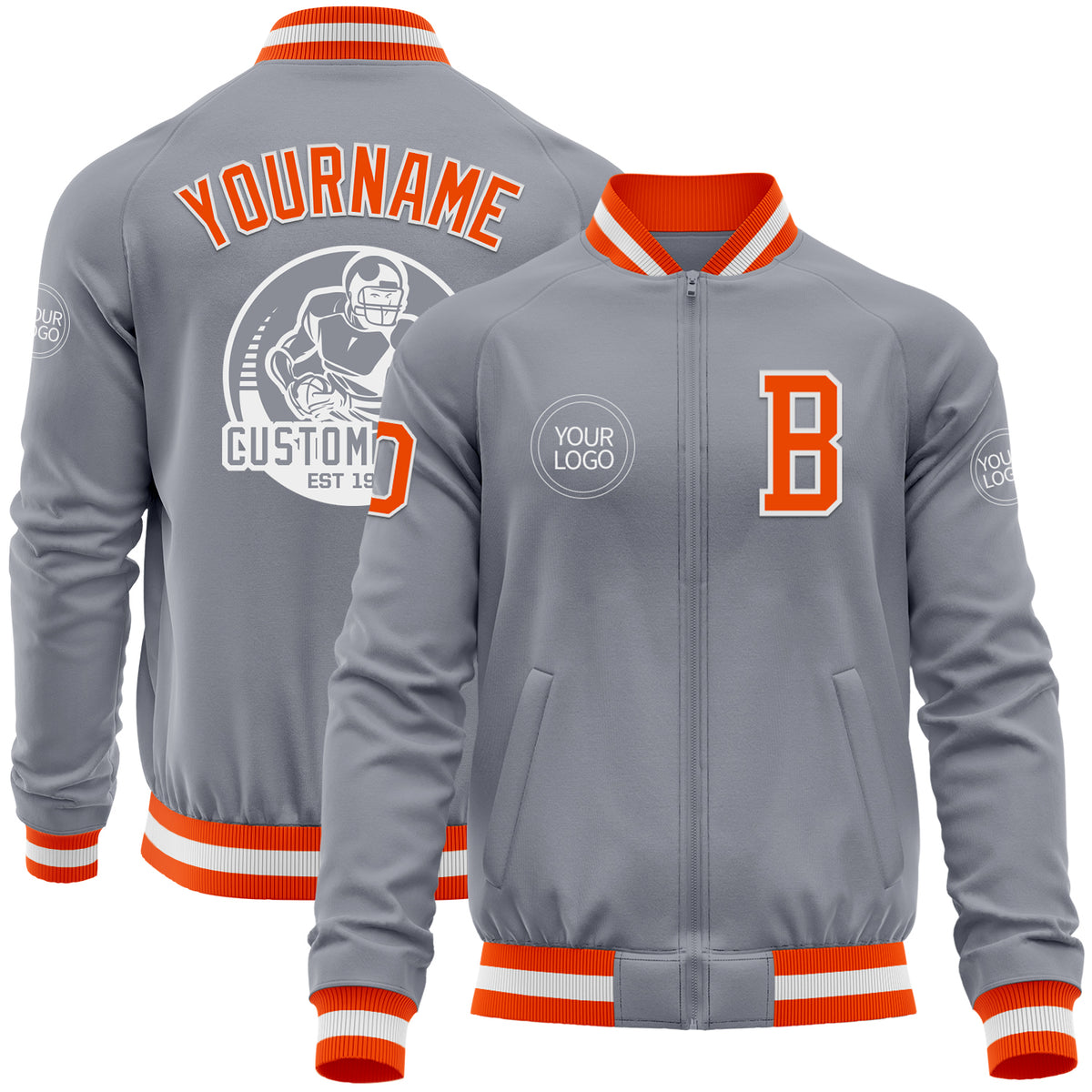 Custom Gray Orange-White Bomber Varsity Letterman Zipper Jacket Free ...