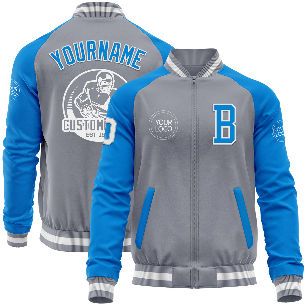 Custom Gray White-Powder Blue Varsity Letterman Two Tone Zipper Jacket ...