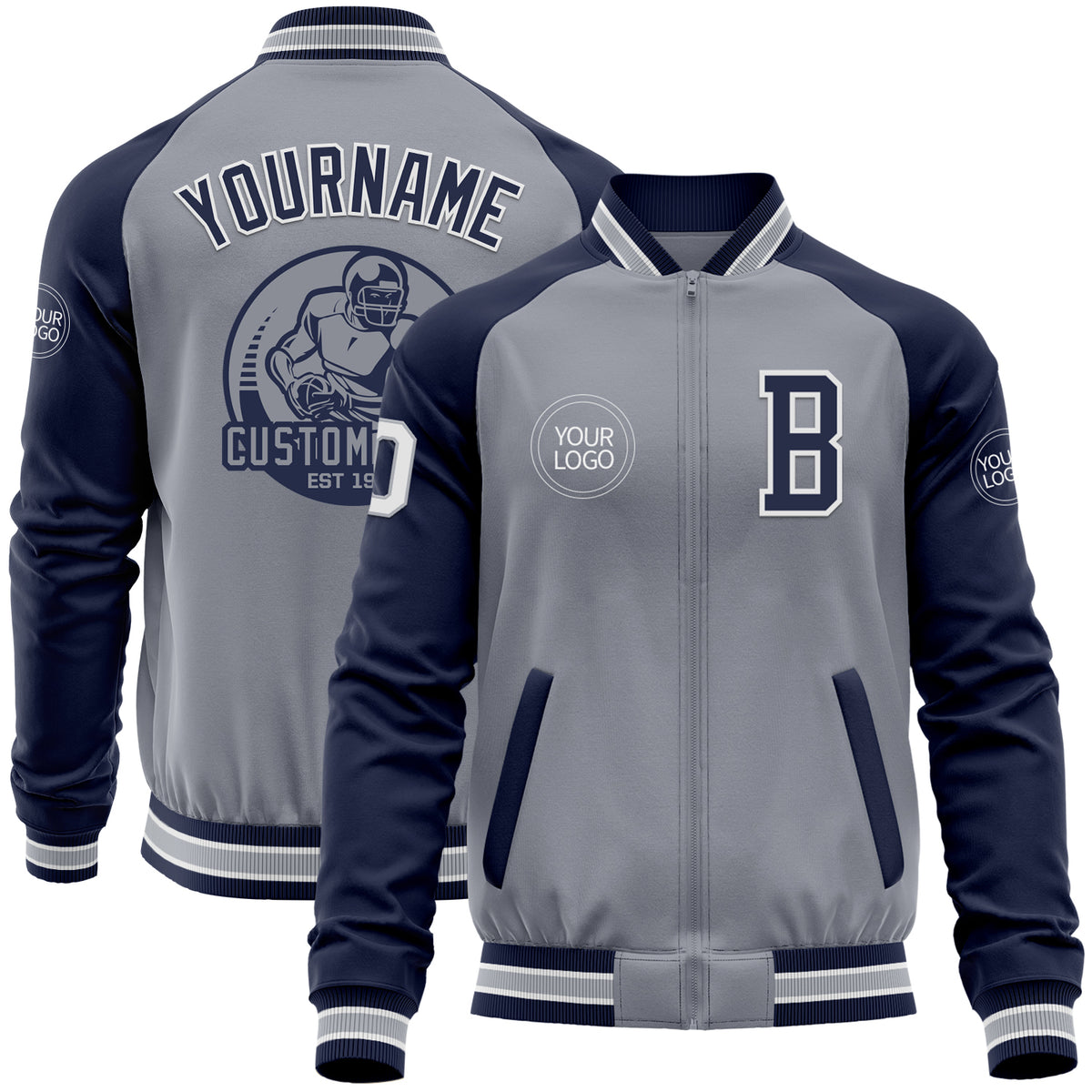 Custom Gray White-Navy Varsity Letterman Two Tone Zipper Jacket Free ...