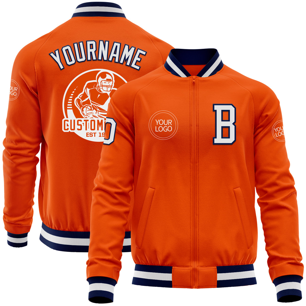Custom Orange White-Navy Bomber Varsity Letterman Zipper Jacket Free ...