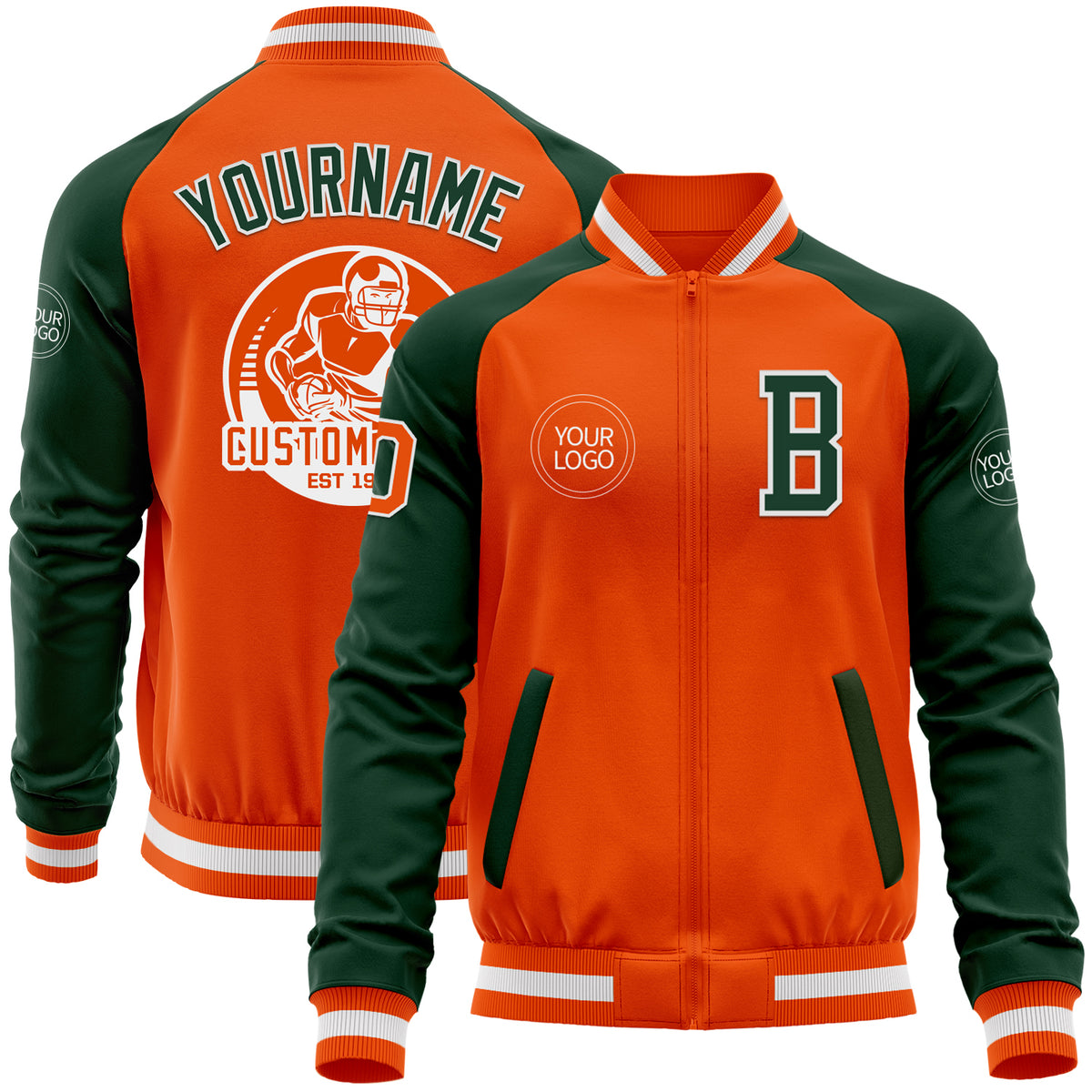 Custom Orange White-Green Bomber Varsity Letterman Two Tone Zipper ...