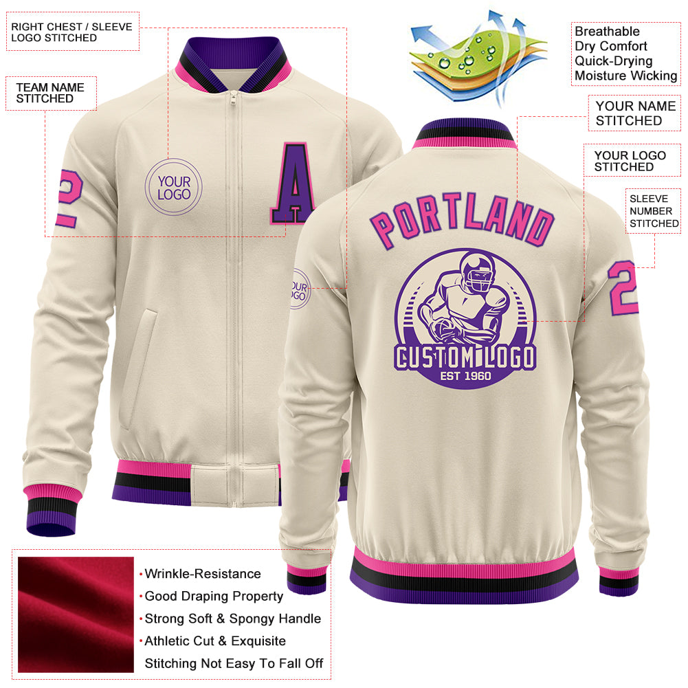 Custom Cream Pink Purple-Black Bomber Varsity Letterman Zipper Jacket ...