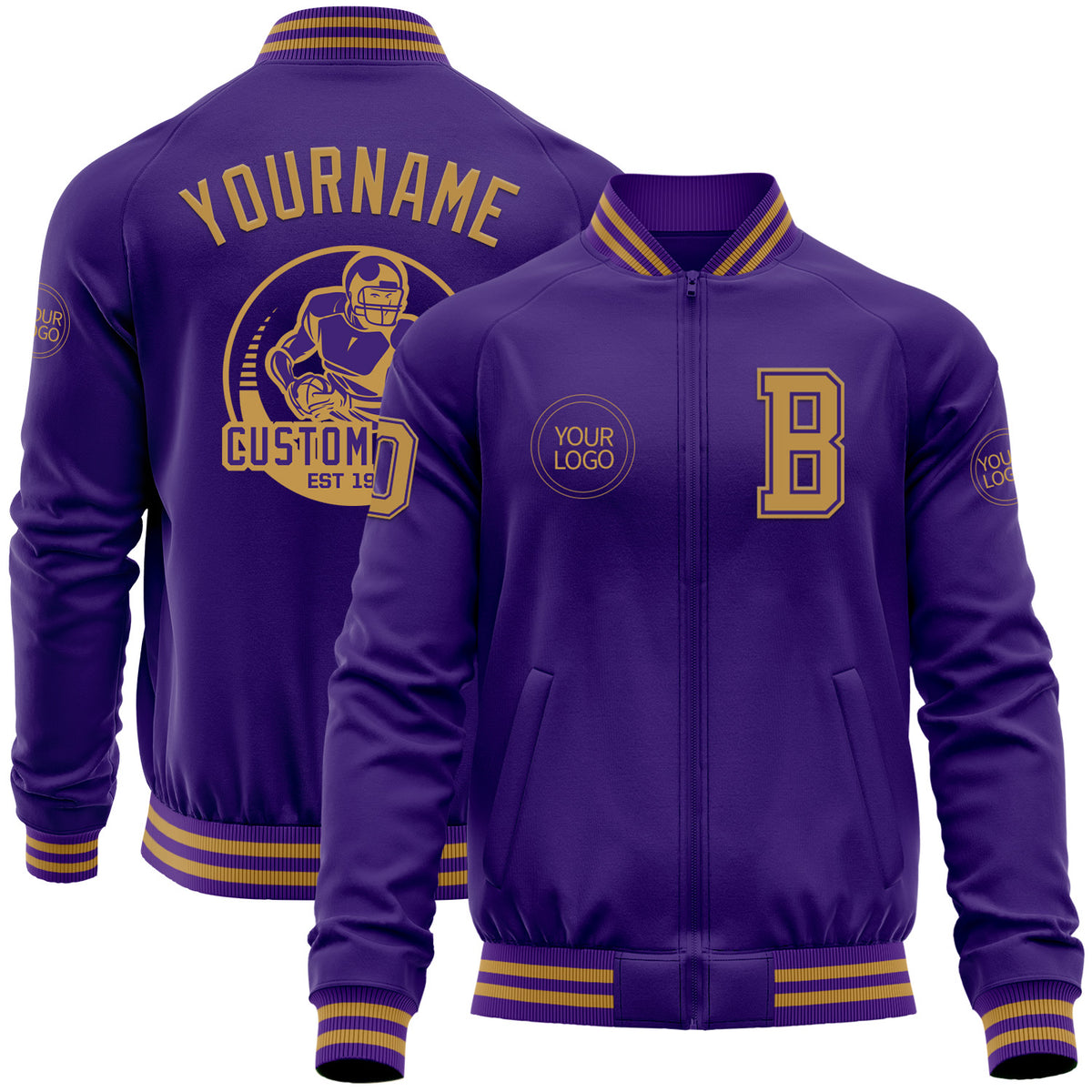 Custom Zipper Jacket Bomber Varsity Letterman Jacket Purple Old Gold ...