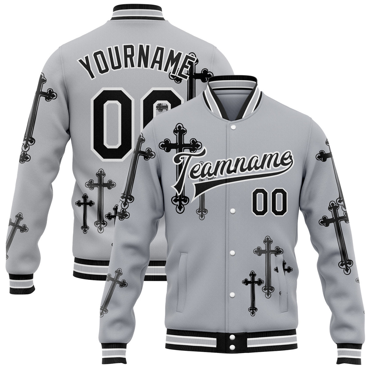Custom Gothic Crosses Bomber Varsity Letterman Jacket Gray Black White ...