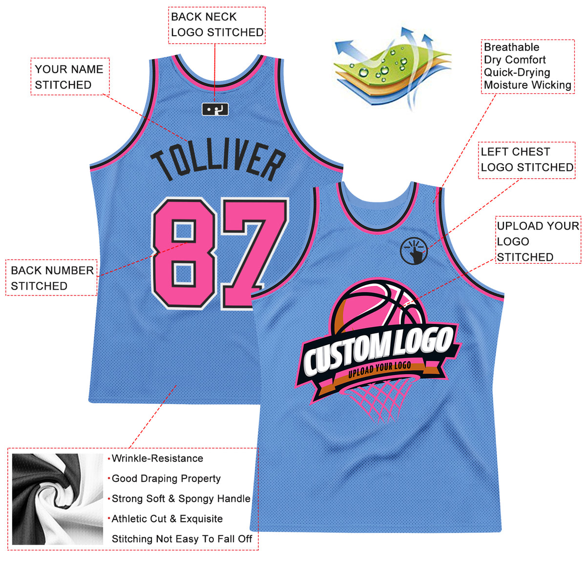 Custom Light Blue Pink-Black Authentic Throwback Basketball Jersey – Fiitg