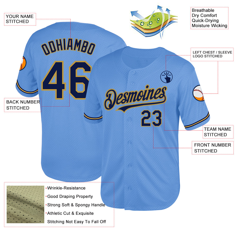 Custom Light Blue Navy-Old Gold Mesh Authentic Throwback Baseball ...