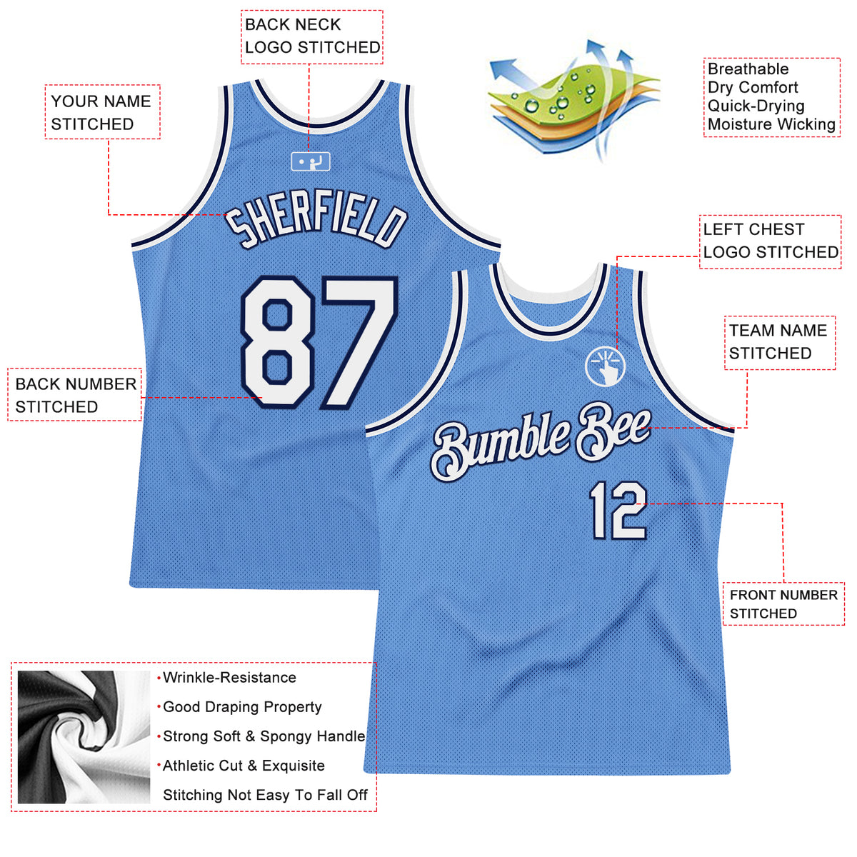 Custom Light Blue White-Navy Authentic Throwback Basketball Jersey Free ...