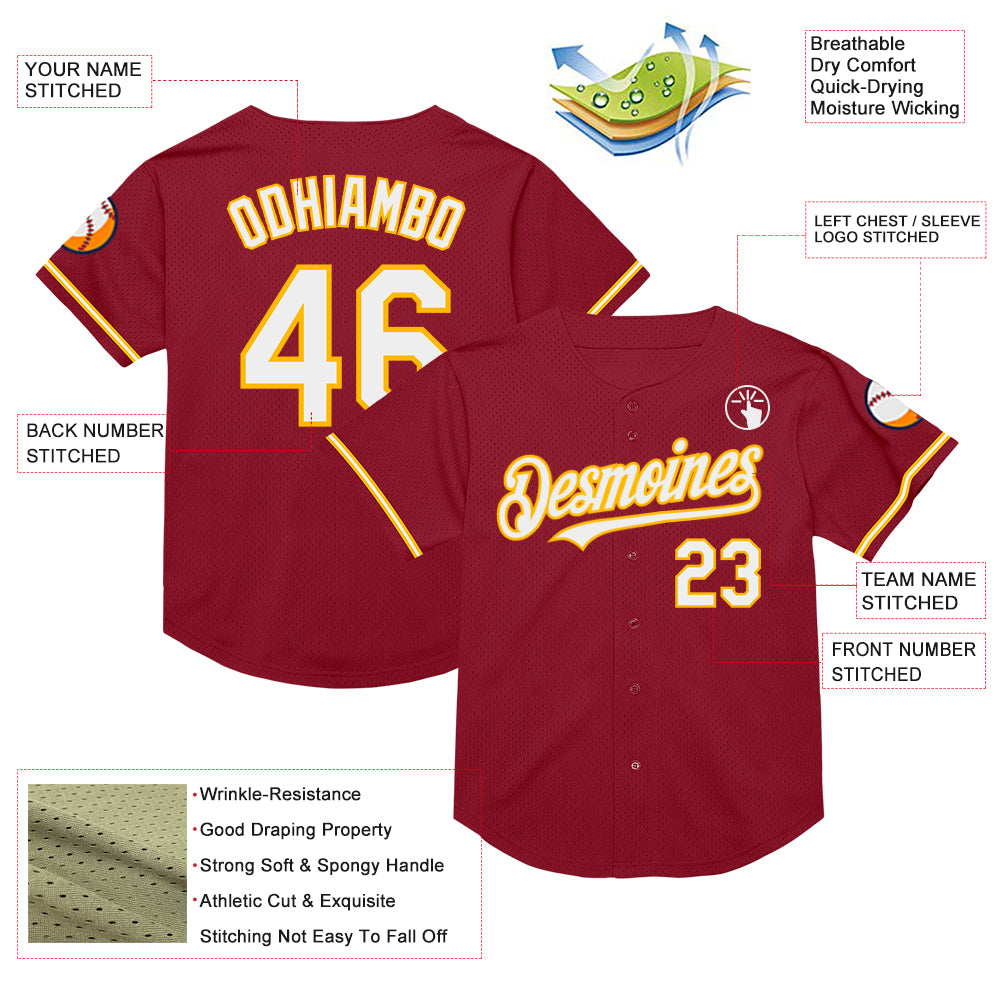 Custom Maroon White-Gold Mesh Authentic Throwback Baseball Jersey Free ...