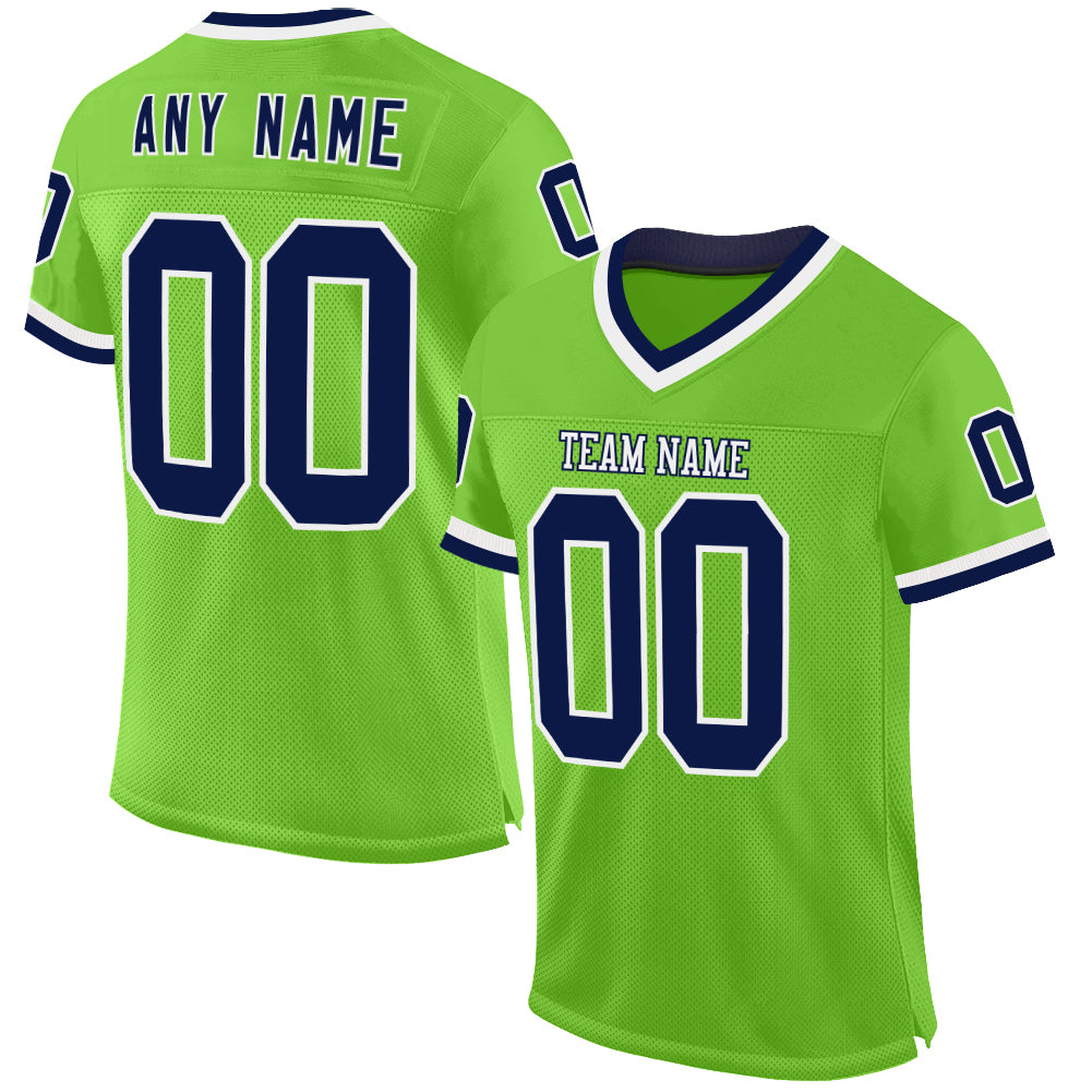 Custom Neon Green Navy-White Mesh Authentic Throwback Football Jersey ...