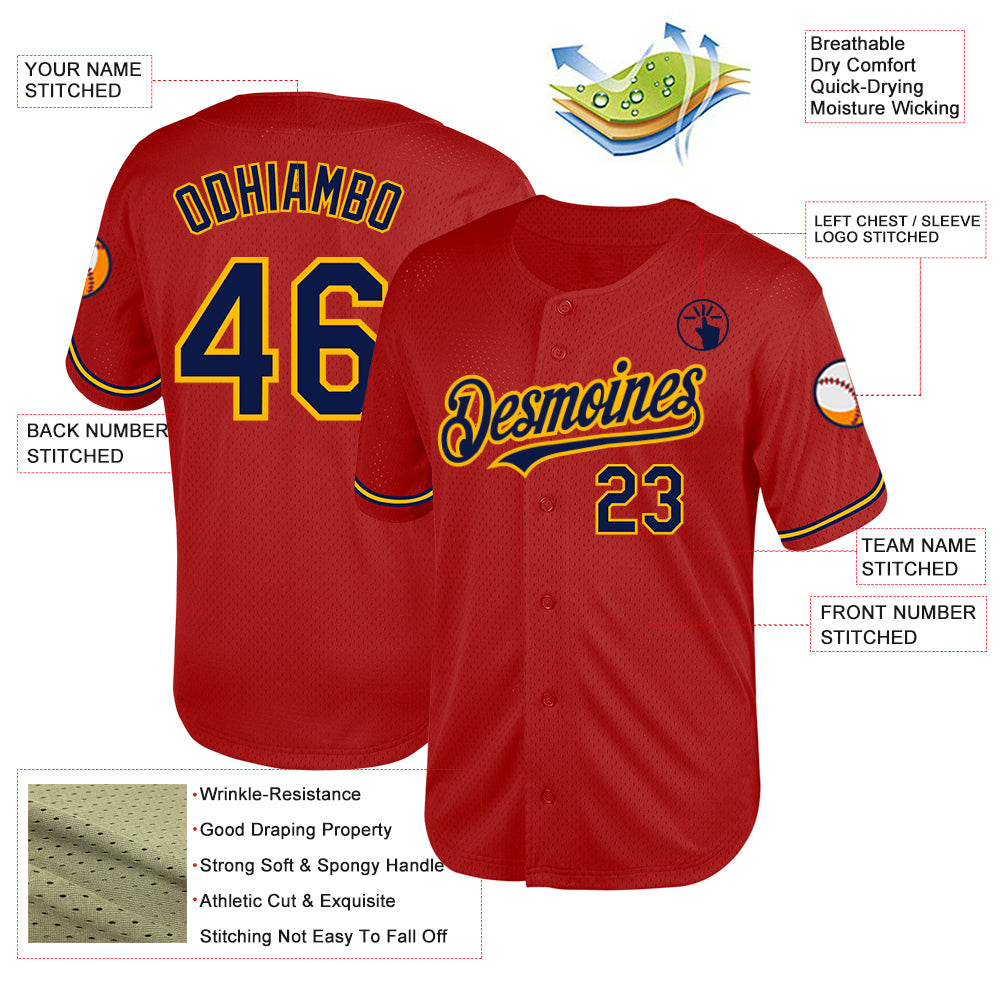 Custom Red Navy-Gold Mesh Authentic Throwback Baseball Jersey Free ...