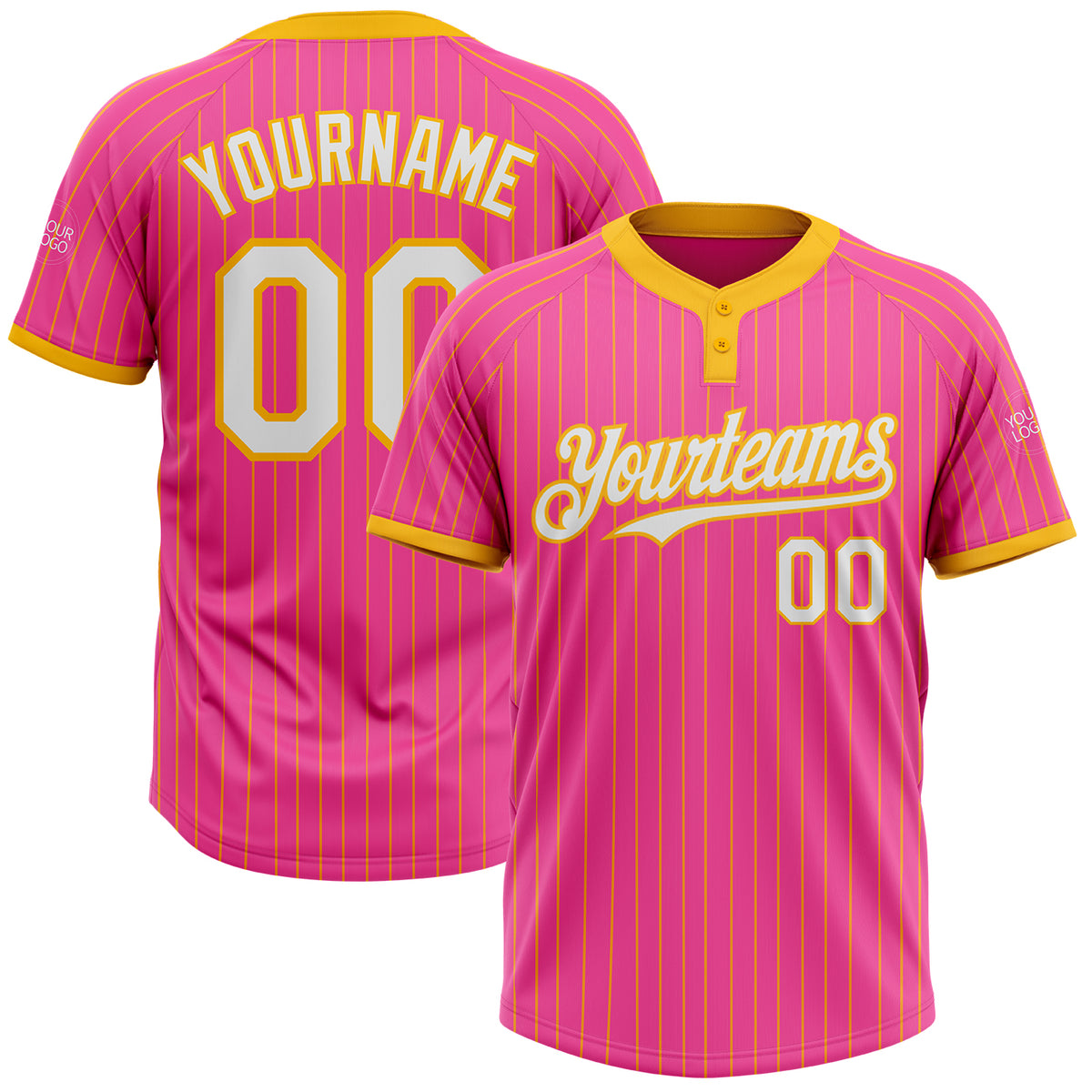 Custom Pink Gold Pinstripe White Two-Button Unisex Softball Jersey Free ...