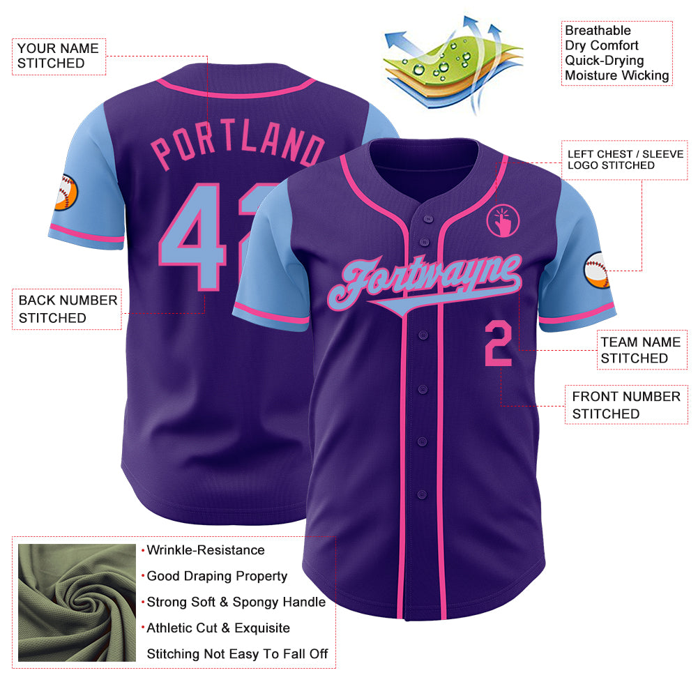 Custom Purple Light Blue-Pink Authentic Two Tone Baseball Jersey Free ...