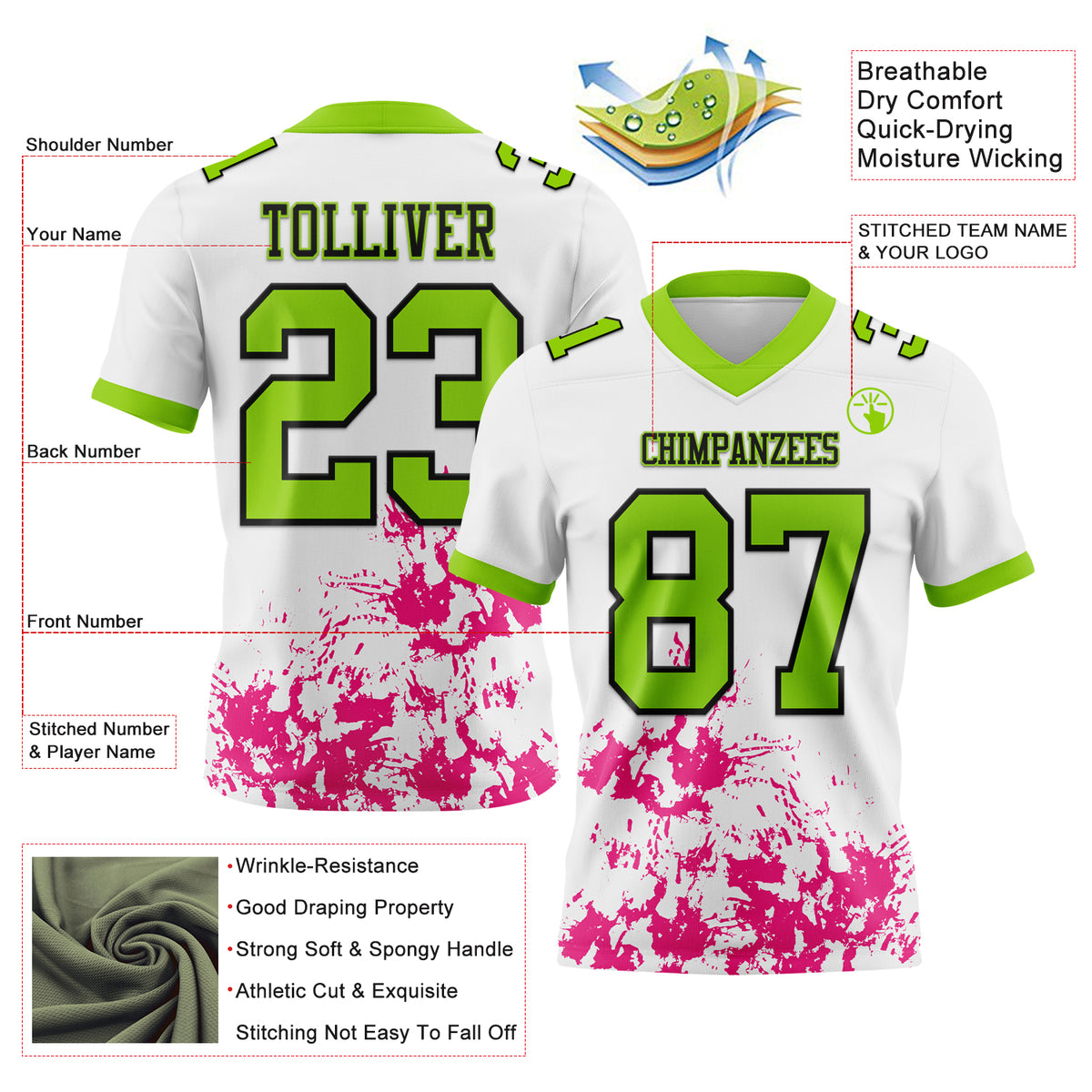 Custom White Neon Green Hot Pink-Black Splash Mesh Authentic Football ...
