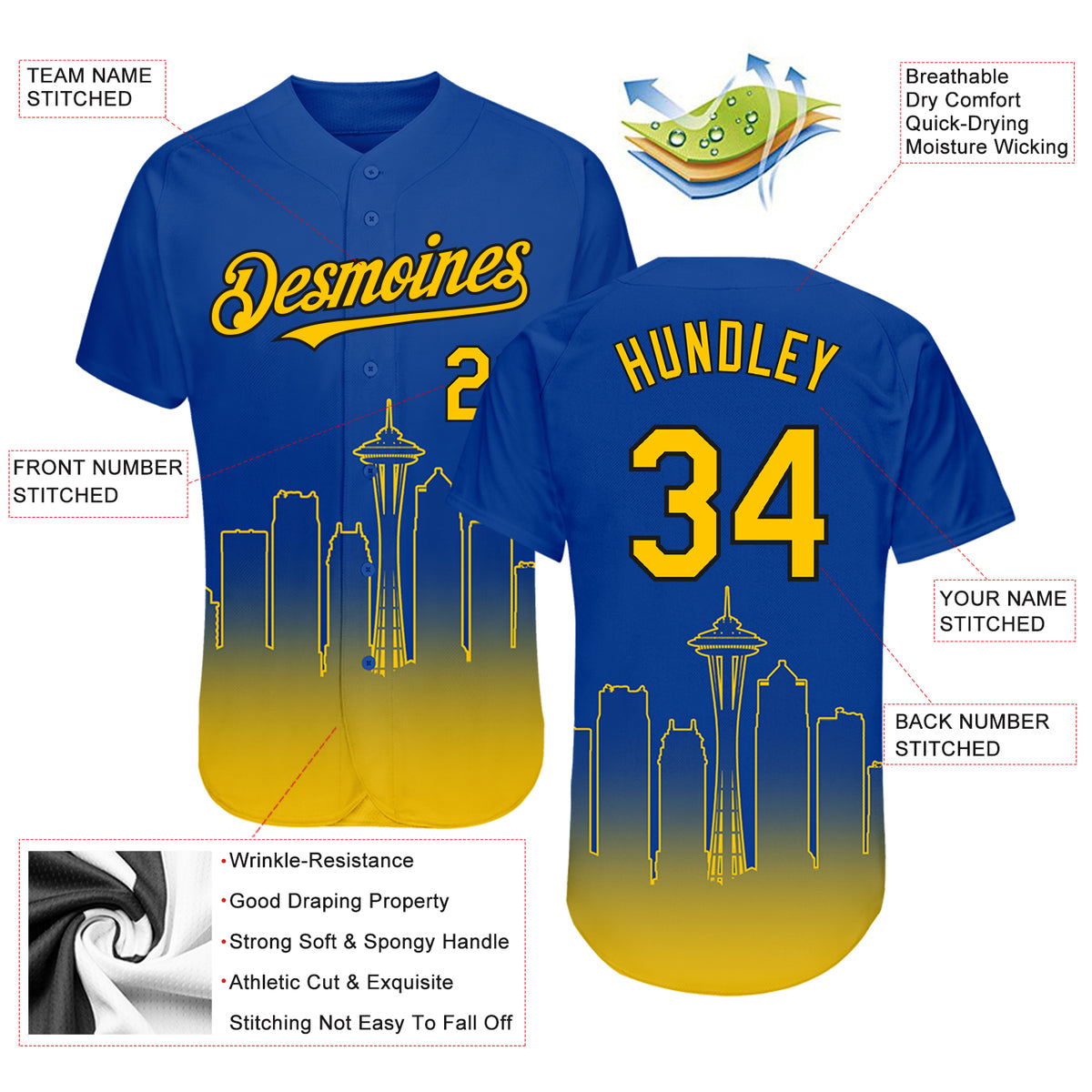 Custom Royal Yellow-Black 3D Seattle City Edition Fade Fashion Authent ...