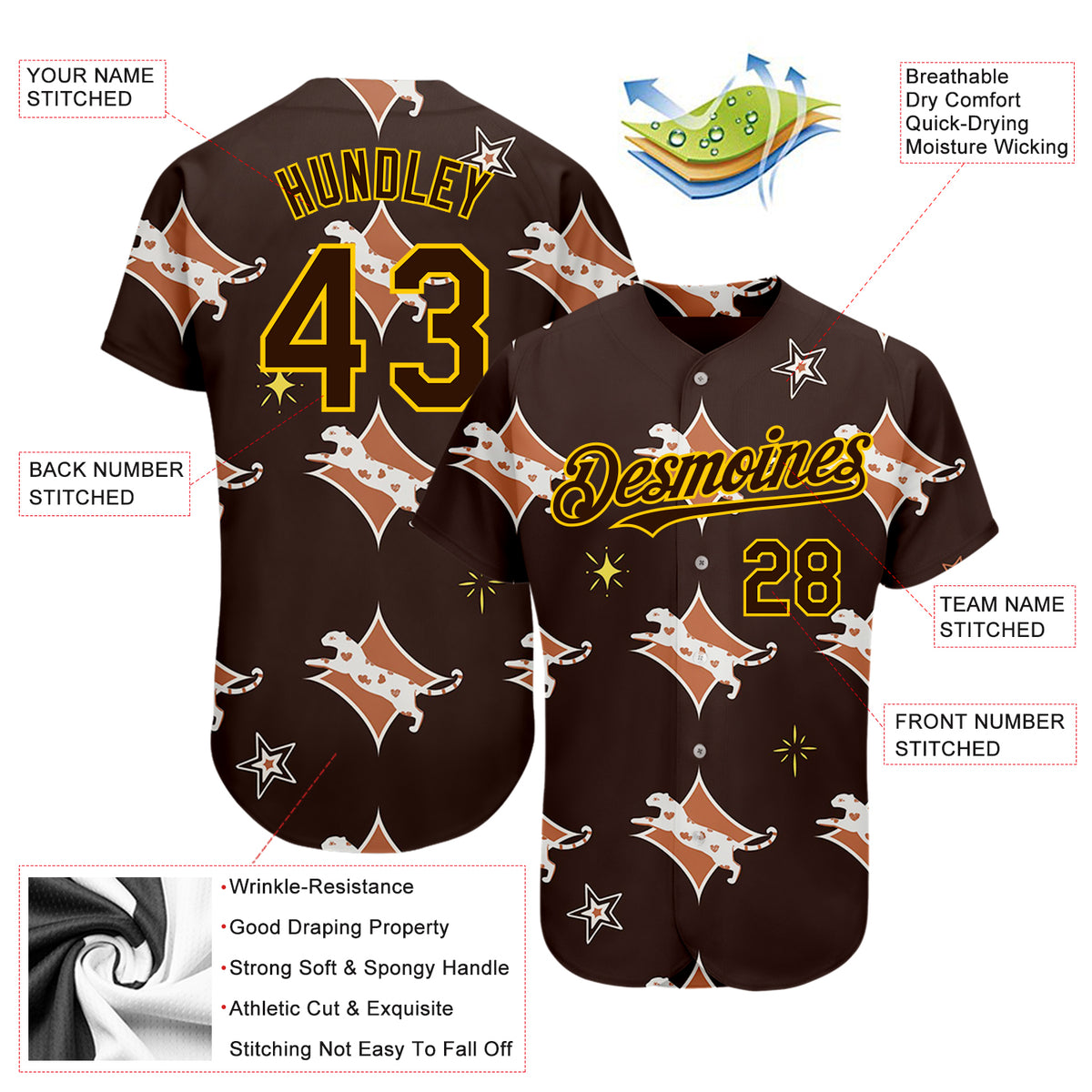 Custom Brown Yellow 3D Pattern Design Leopard Authentic Baseball Jerse ...