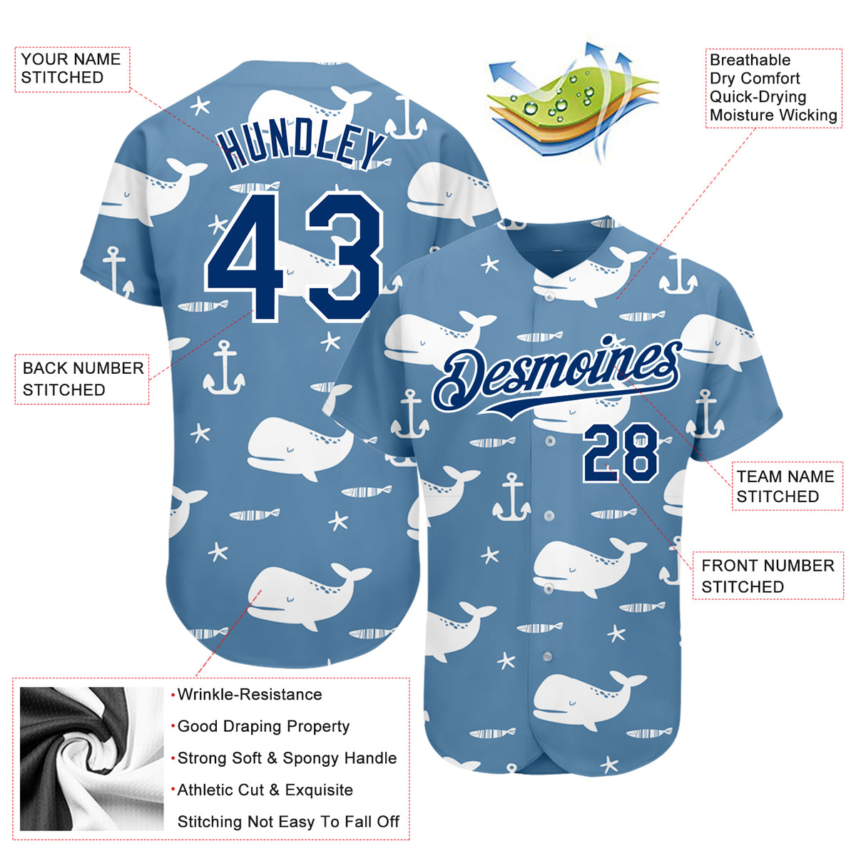Custom Light Blue US Navy Blue-White 3D Pattern Design Whale Authentic ...