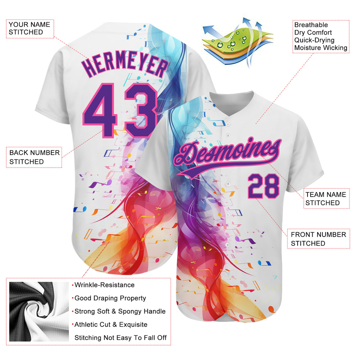 Custom White Purple-Pink 3D Pattern Design Music Festival Colorful ...