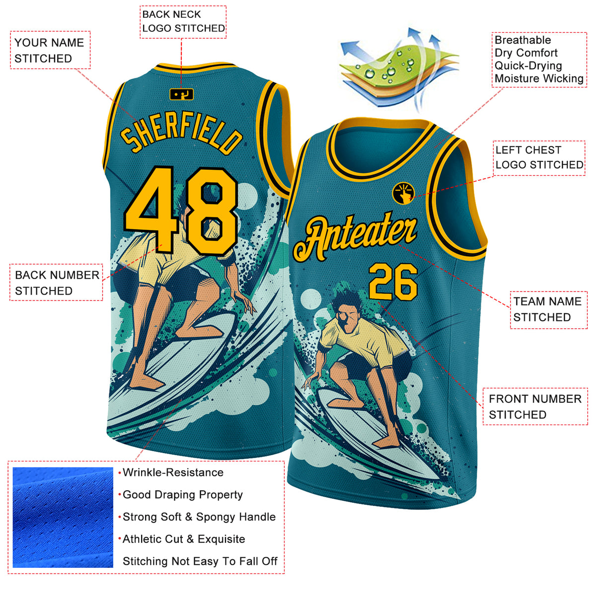 Custom Teal Gold-Black 3D Pattern Beach Surfing Authentic Basketball ...
