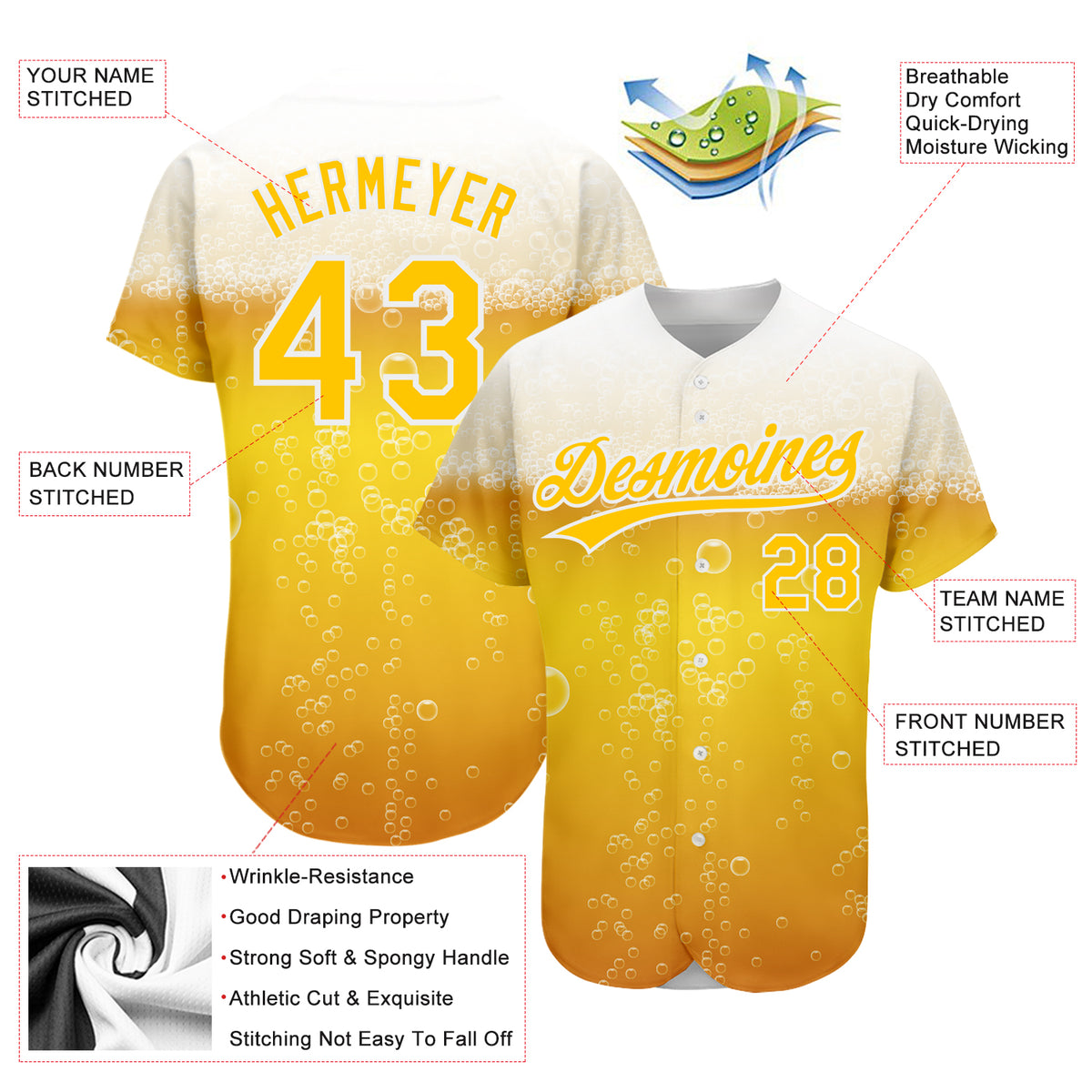 Custom Yellow White 3D Pattern Design Beer Authentic Baseball Jersey ...