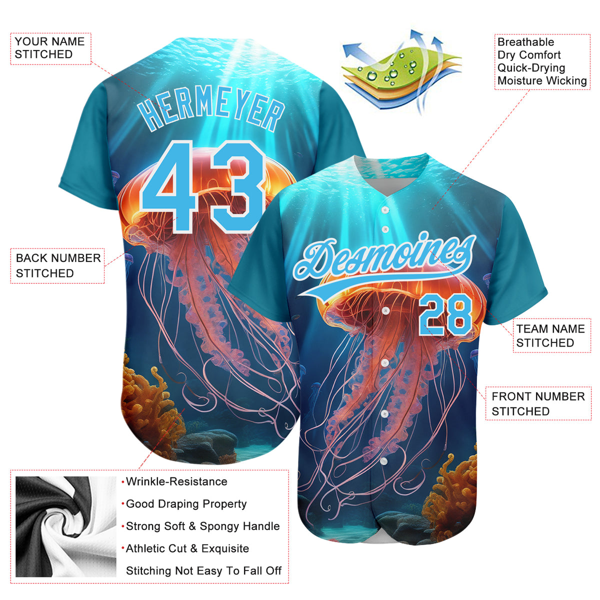 Custom Sky Blue White 3D Pattern Design Jellyfish Floating In The Ocean ...