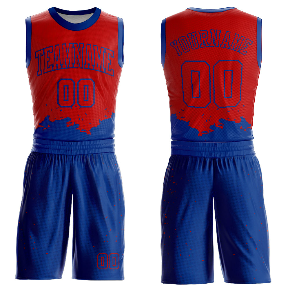 Custom Red Royal Color Splash Round Neck Sublimation Basketball Suit ...