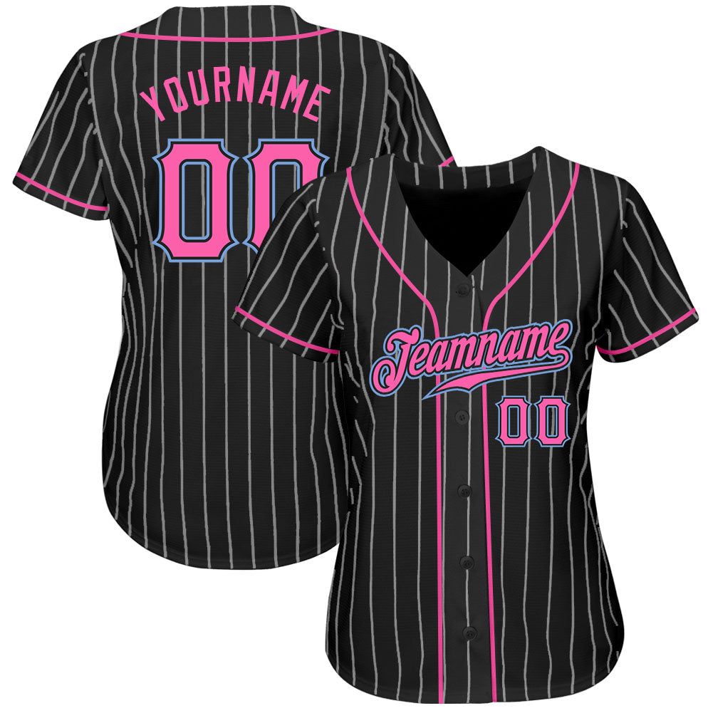 Custom Black White Pinstripe Pink-Light Blue Authentic Softball Jersey ...