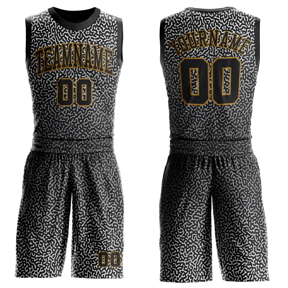 Custom Black Black-Old Gold Round Neck Sublimation Basketball Suit ...