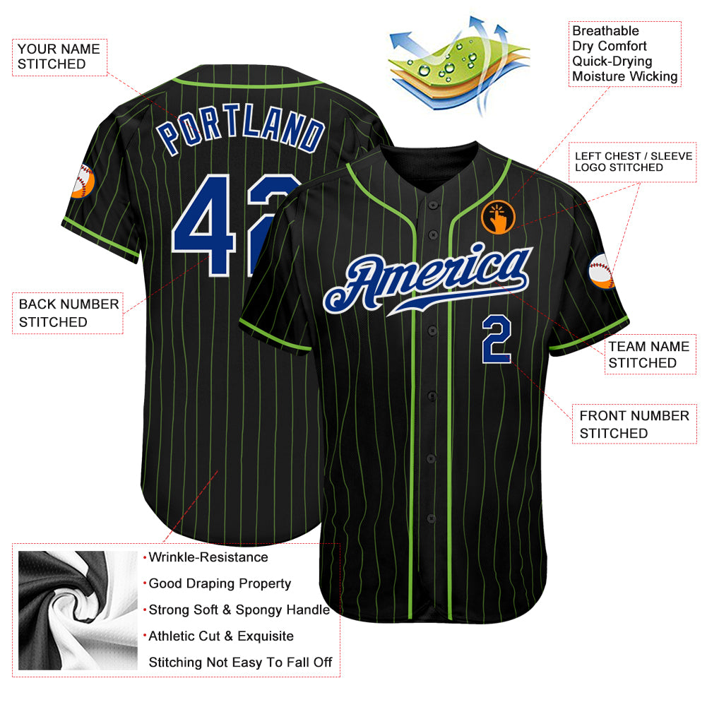 Custom Black Neon Green Pinstripe Royal-White Authentic Baseball Jersey ...