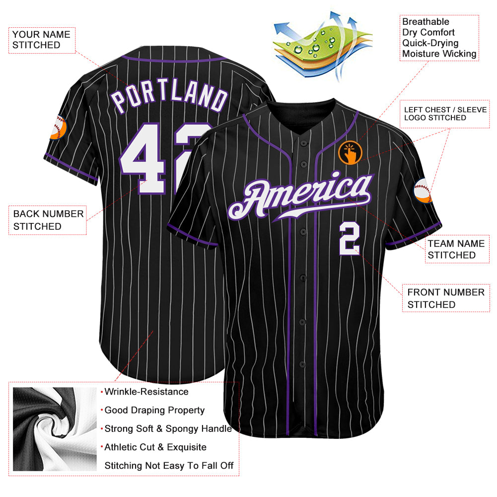 Custom Black White Pinstripe White-Purple Authentic Baseball Jersey ...