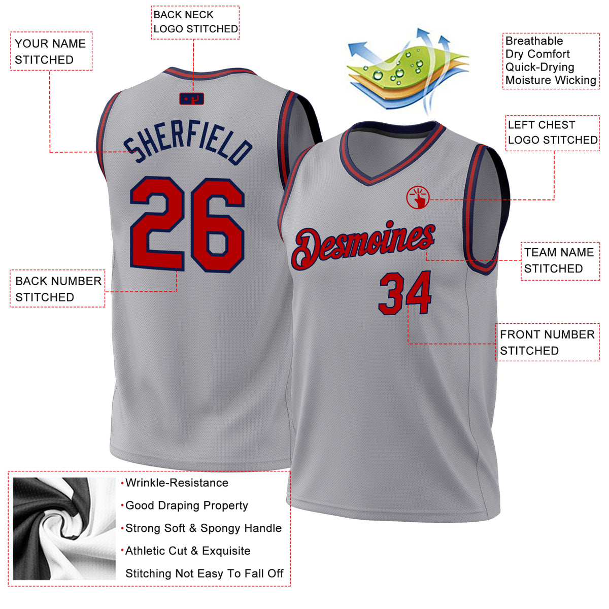 Custom Gray Red-Navy Authentic Throwback Basketball Jersey Free ...