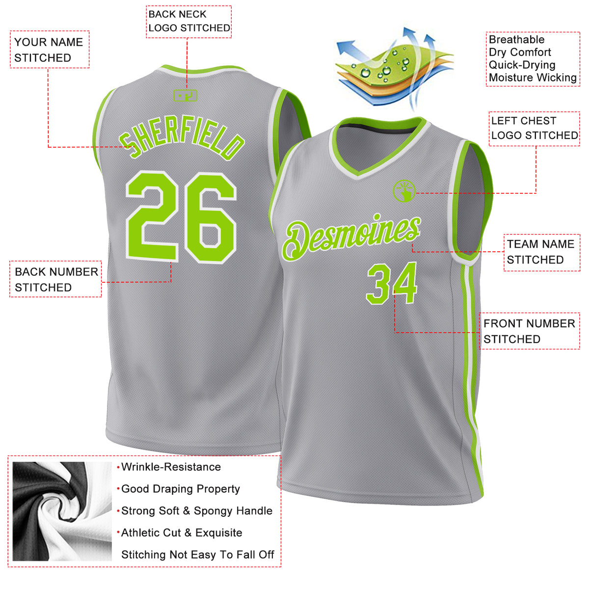 Custom Gray Neon Green-White Authentic Throwback Basketball Jersey Free ...