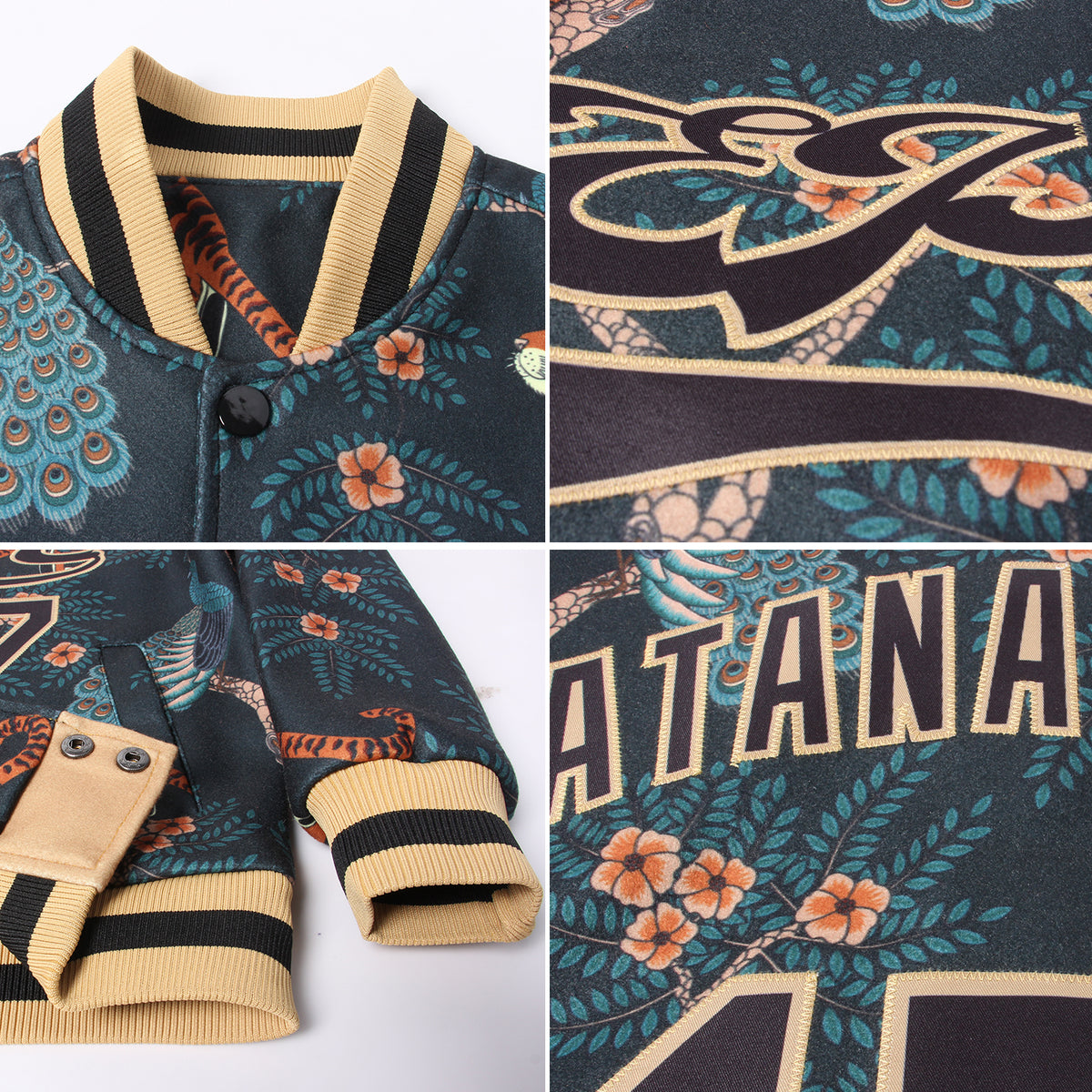 Custom Black Black-Old Gold Tiger And Peacock 3D Pattern Design Bomber ...