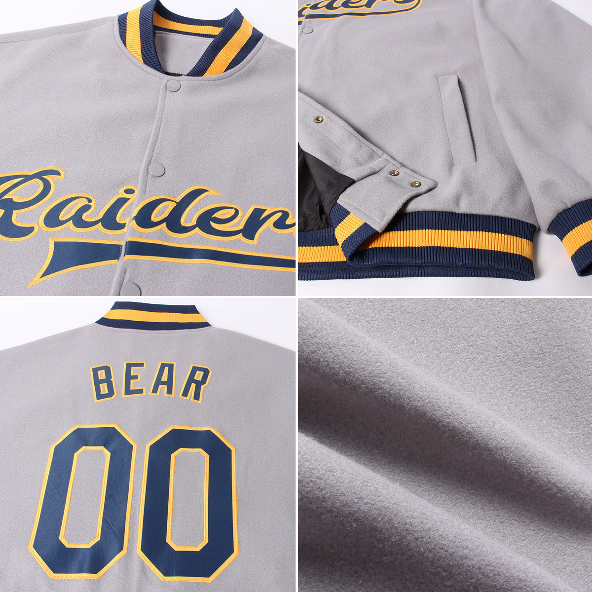 Custom Gray Navy-Gold Bomber Full-Snap Varsity Letterman Jacket Free ...