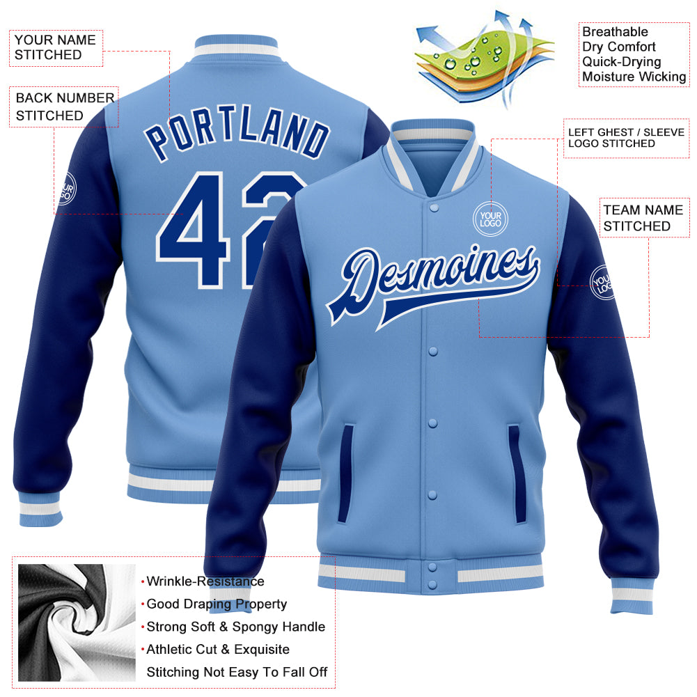 Custom Light Blue Royal-White Bomber Full-Snap Varsity Letterman Two ...