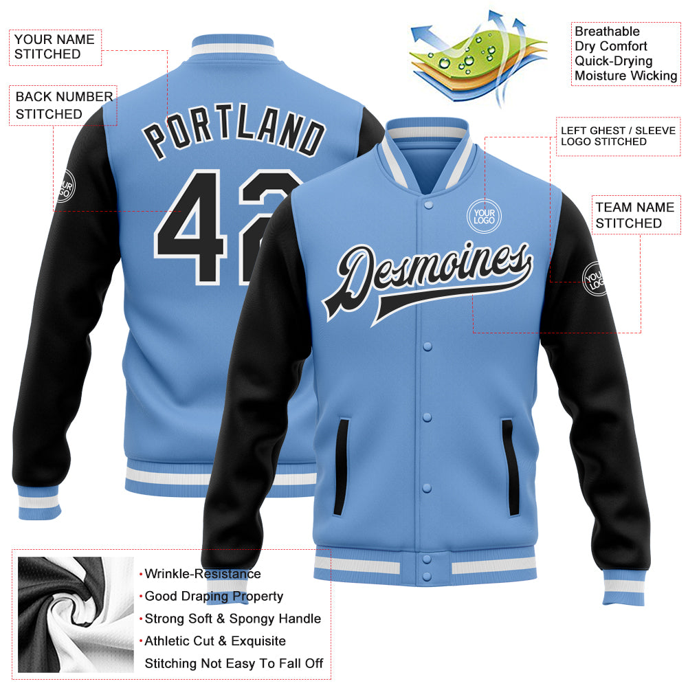 Custom Light Blue Black-White Bomber Full-Snap Varsity Letterman Two ...