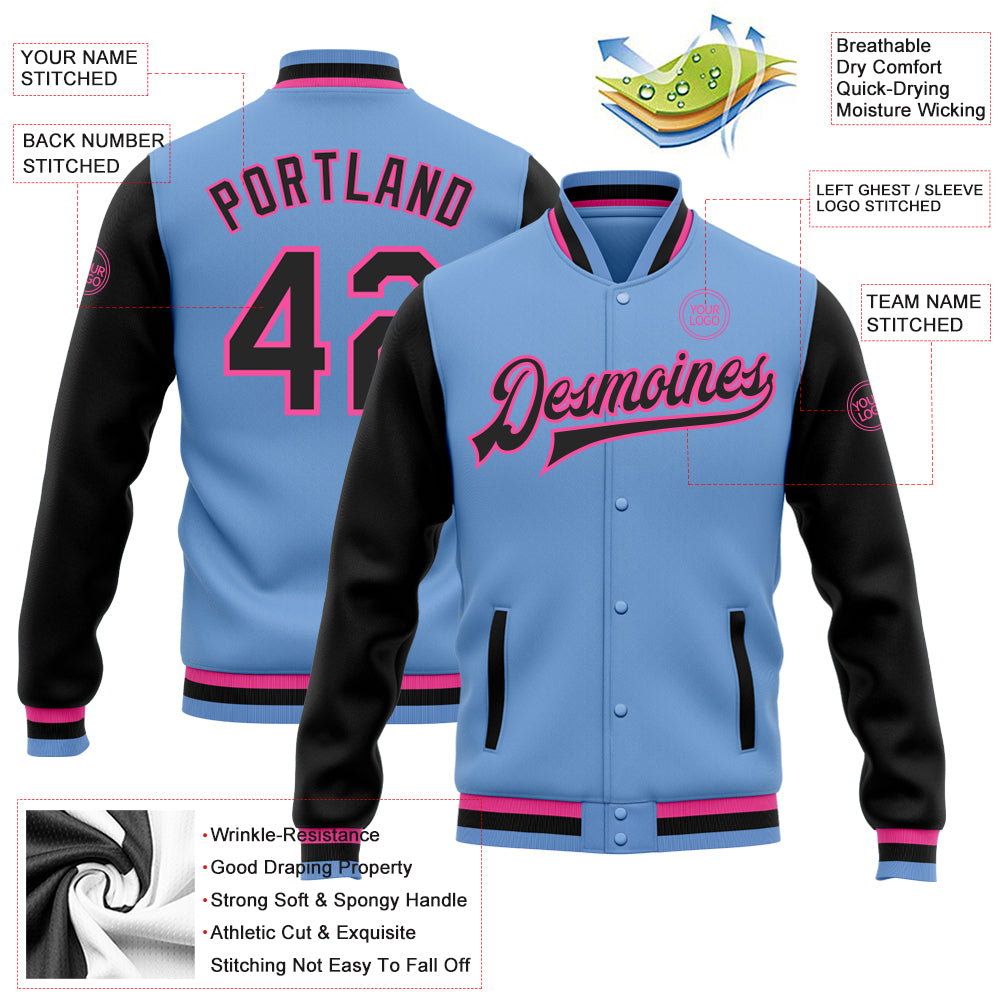 Custom Light Blue Black-Pink Bomber Full-Snap Varsity Letterman Two ...