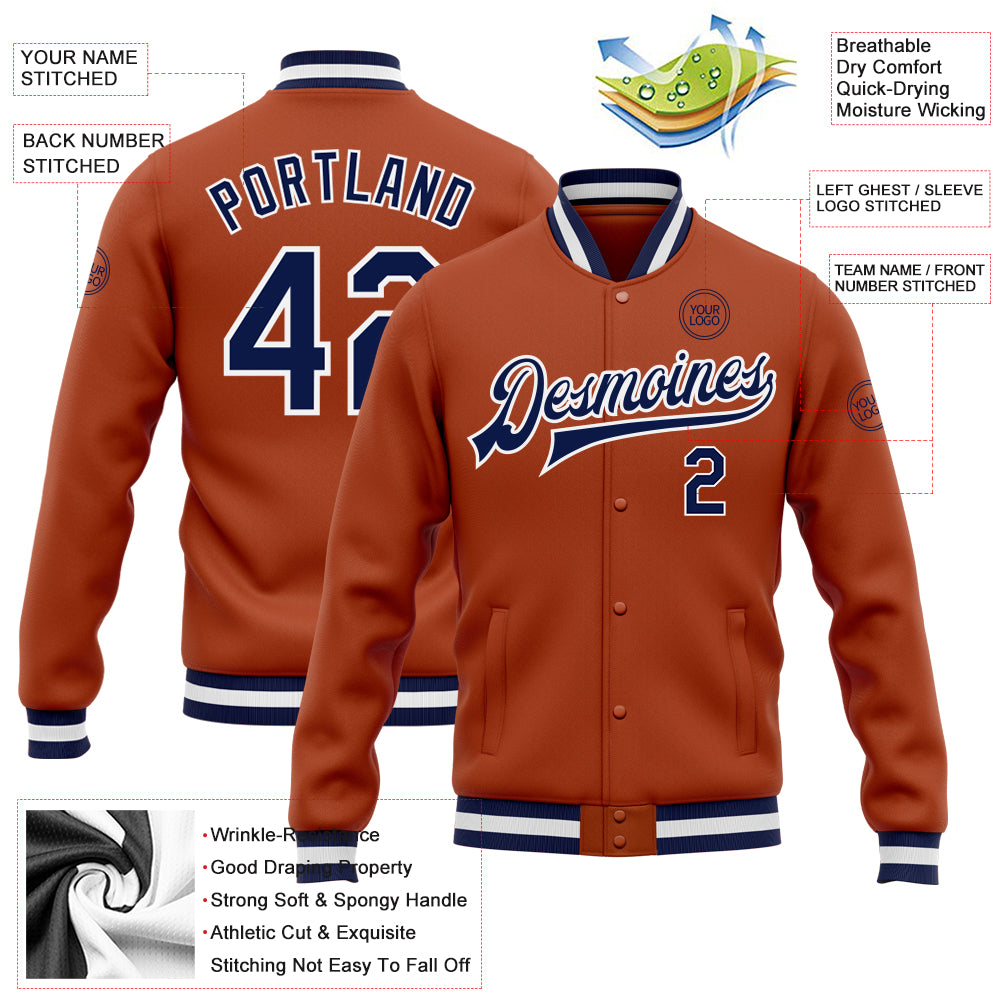 Custom Texas Orange Navy-White Bomber Full-Snap Varsity Letterman ...