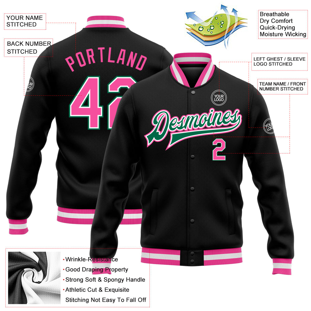 Custom Black Pink-Kelly Green Bomber Full-Snap Varsity Letterman Jacket ...