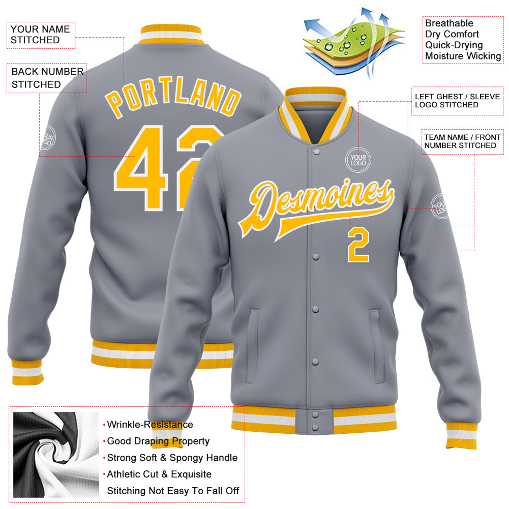 Custom Gray Gold-White Bomber Full-Snap Varsity Letterman Jacket Free ...