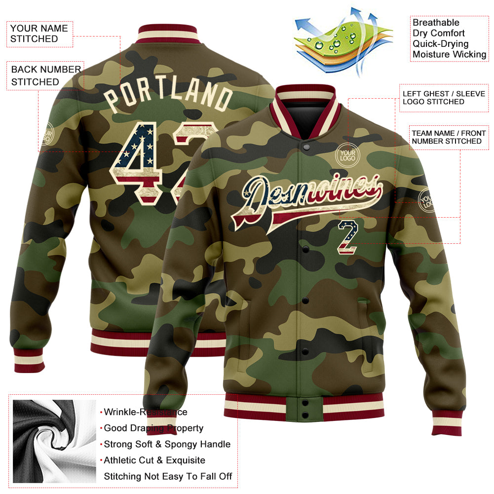 Custom Camo Vintage USA Flag Cream Maroon-Black Bomber Full-Snap ...
