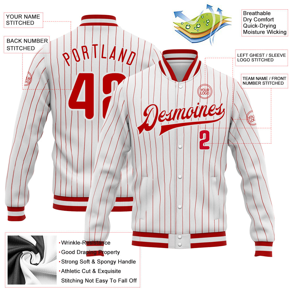 Custom White Red Pinstripe Red-White Bomber Full-Snap Varsity Letterman ...