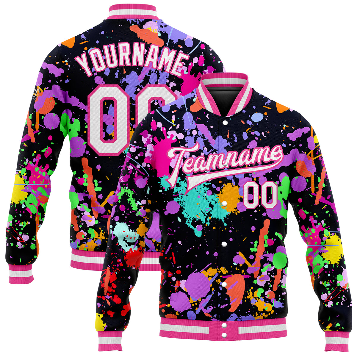 Custom Graffiti Pattern White-Pink Splashe 3D Bomber Full-Snap Varsity ...