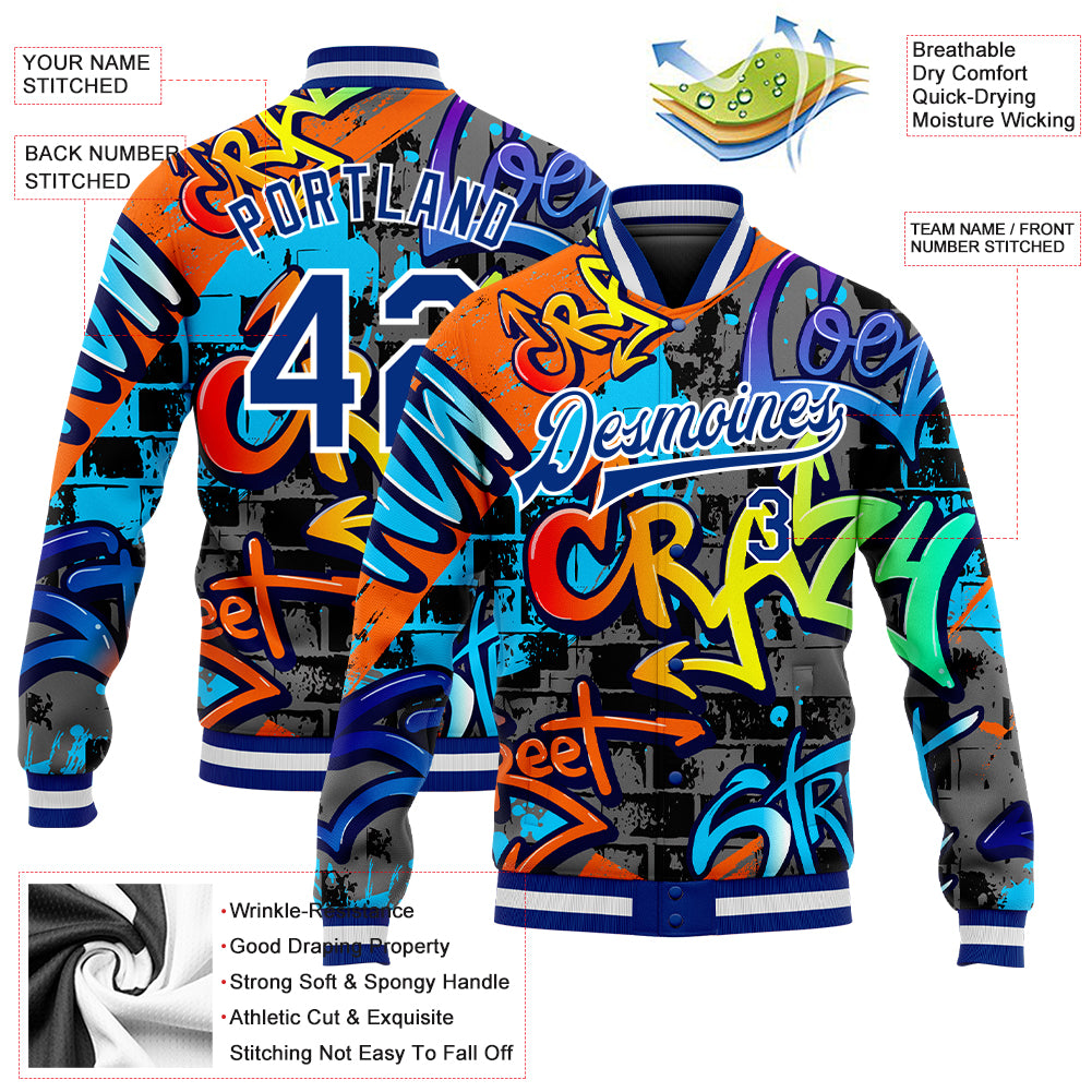 Custom Graffiti Pattern Royal-White Geometric 3D Bomber Full-Snap ...