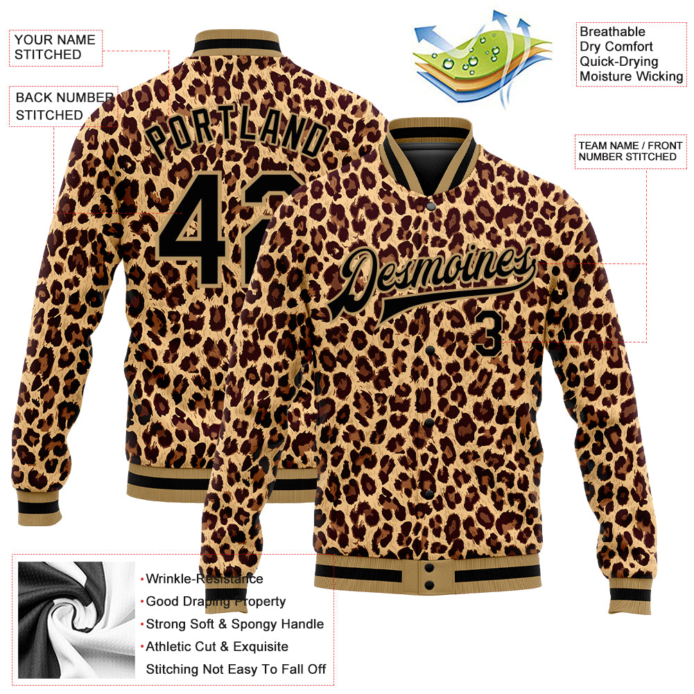 Custom Brown Black-Old Gold Leopard 3D Pattern Design Bomber Full-Snap ...