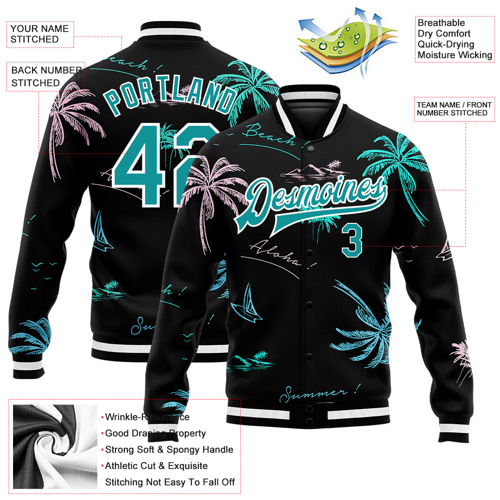 Custom Black Teal-White Hawaii Palm Trees 3D Pattern Design Bomber Full ...