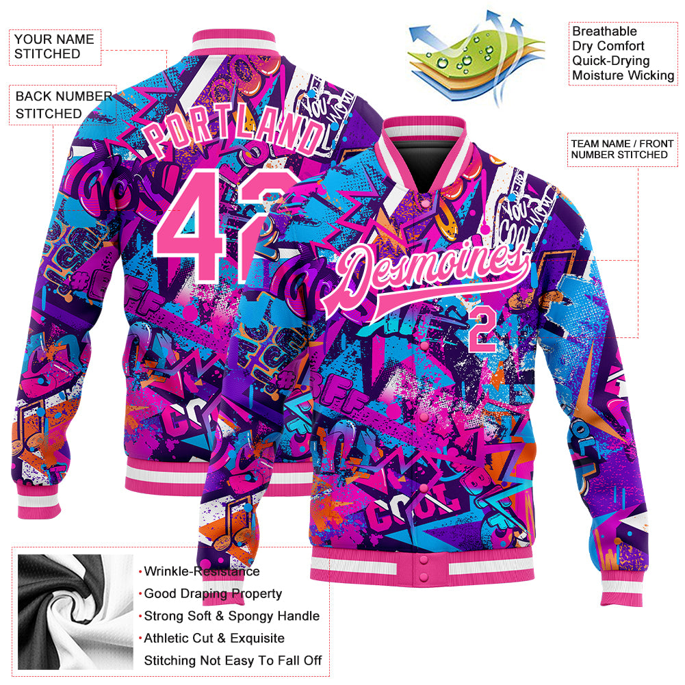 Custom Graffiti Pattern Pink-White Words 3D Bomber Full-Snap Varsity ...